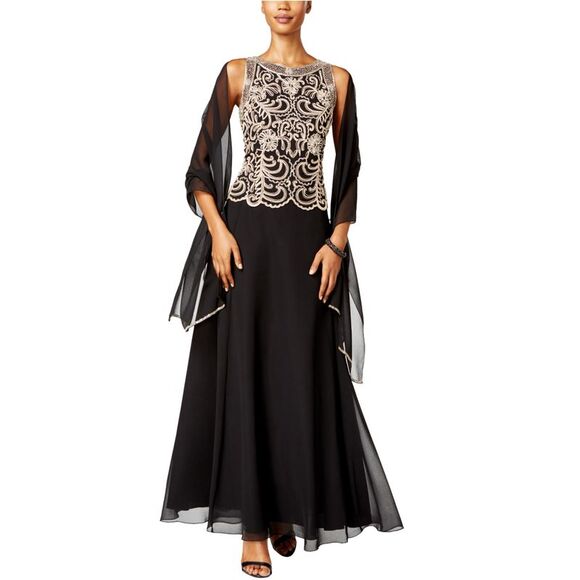 J Kara | Dresses | Jkara Womens Beaded Gown And Scarf Aline Dress Black ...